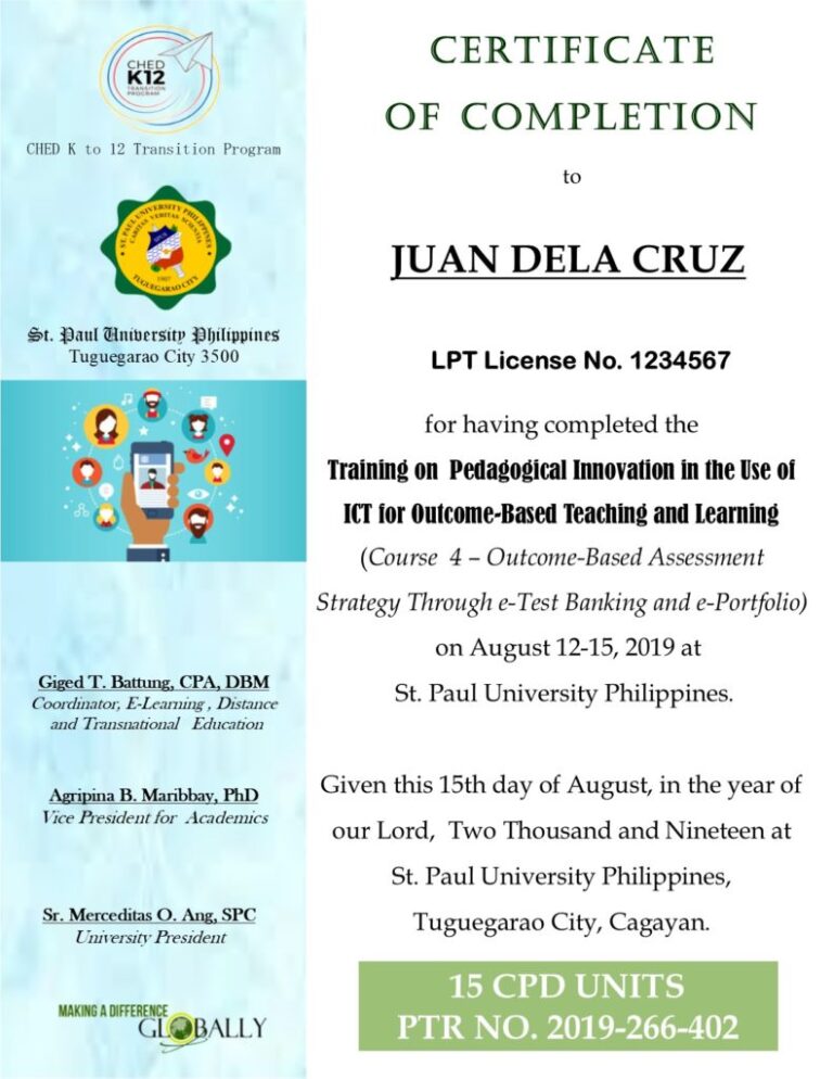 SAMPLE CPD CERTIFICATES - St. Paul University Philippines